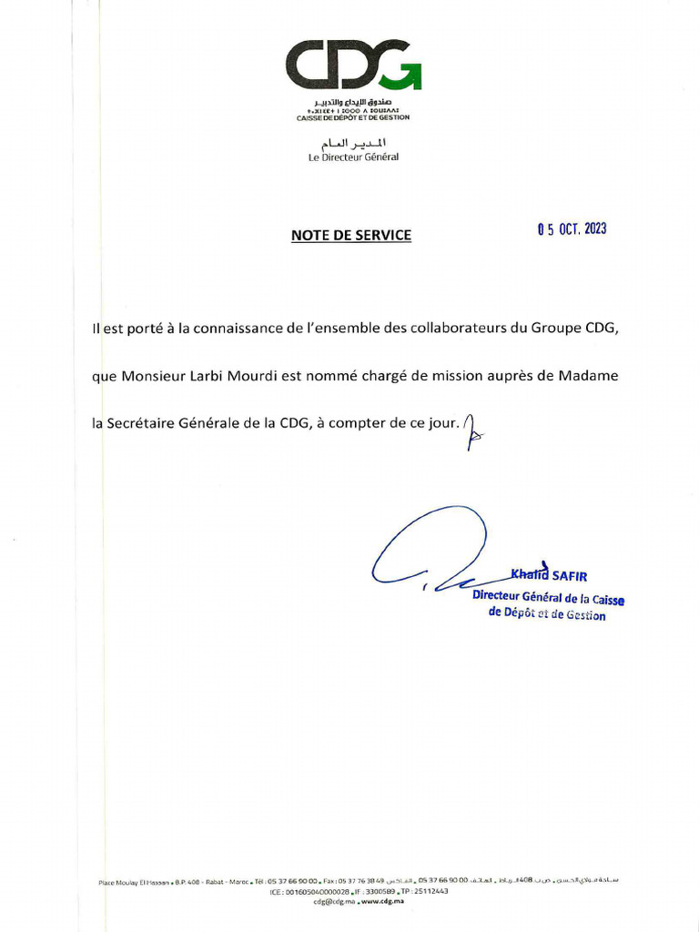 Note de Service - Nomination - M Mourdi Chargé de mission auprès de la ...