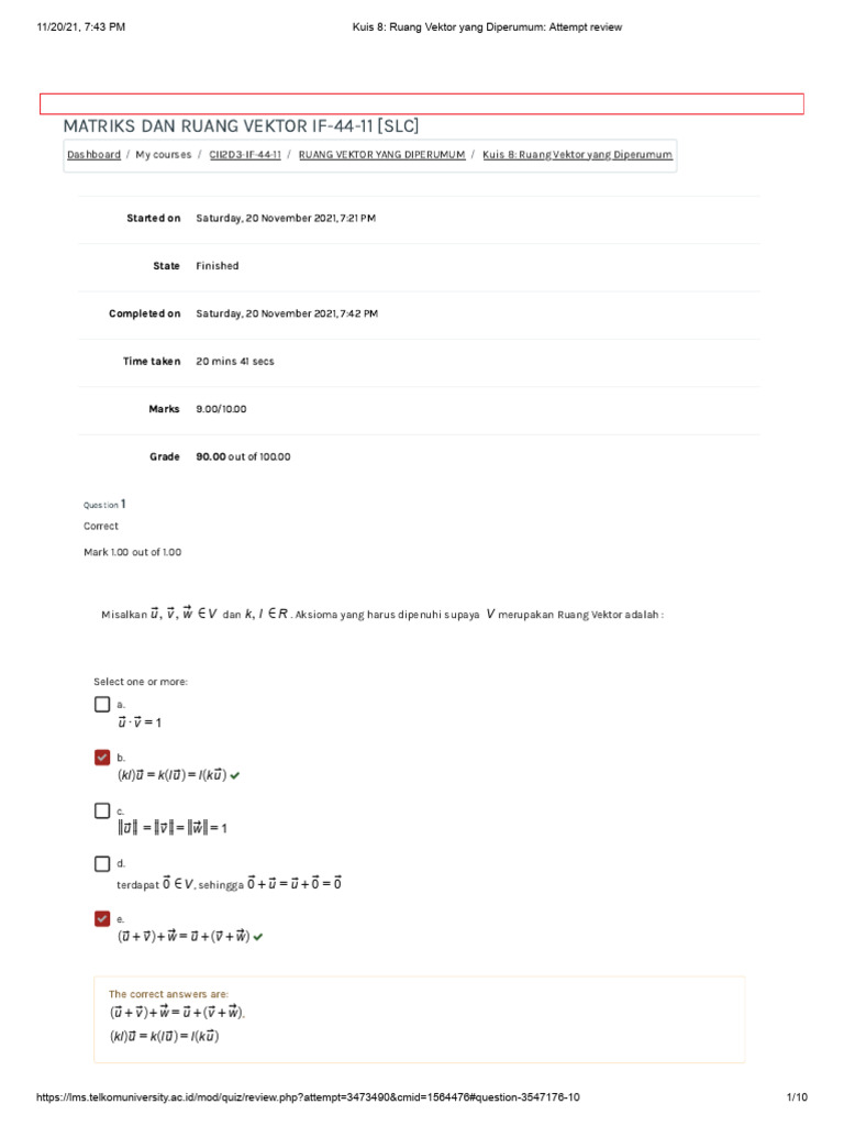 Kuis 8 Ruang Vektor Yang Diperumum Attempt Review 1 | PDF