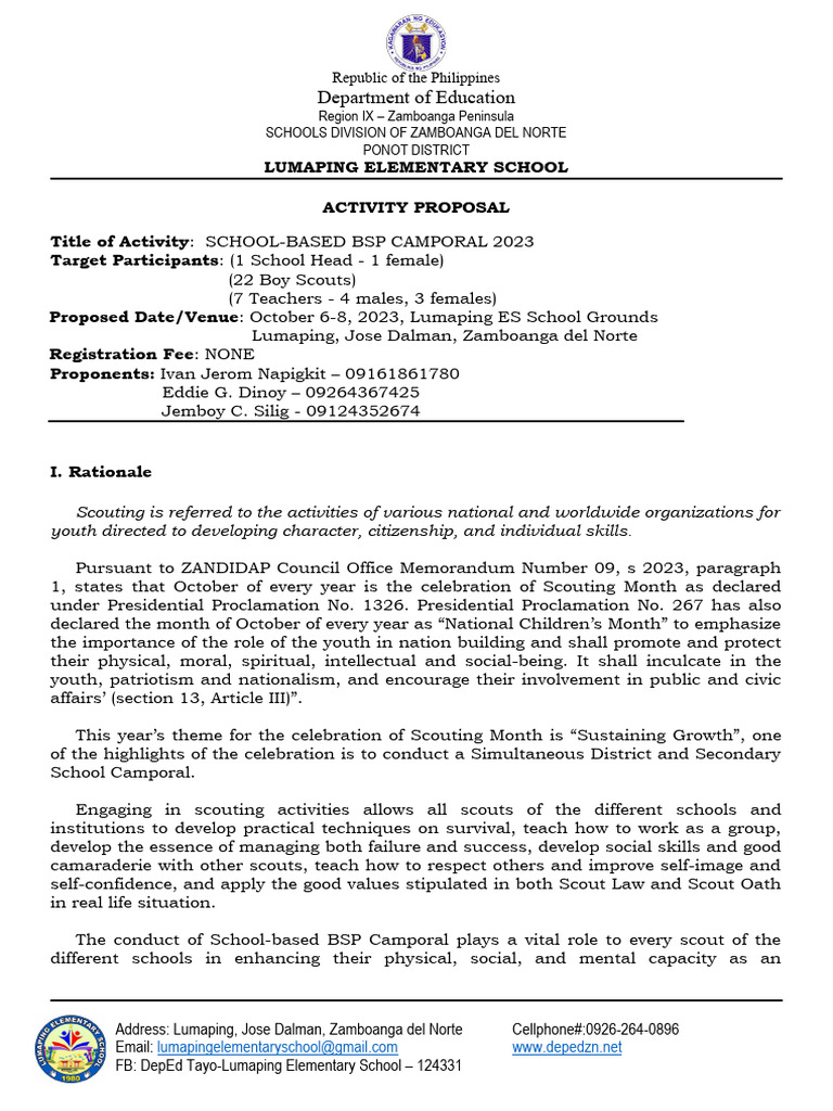 Activity Proposal School Based BSP Camporal 2023 | PDF | Scouting Activity Proposal School Based BSP Camporal 2023 | PDF | Scouting