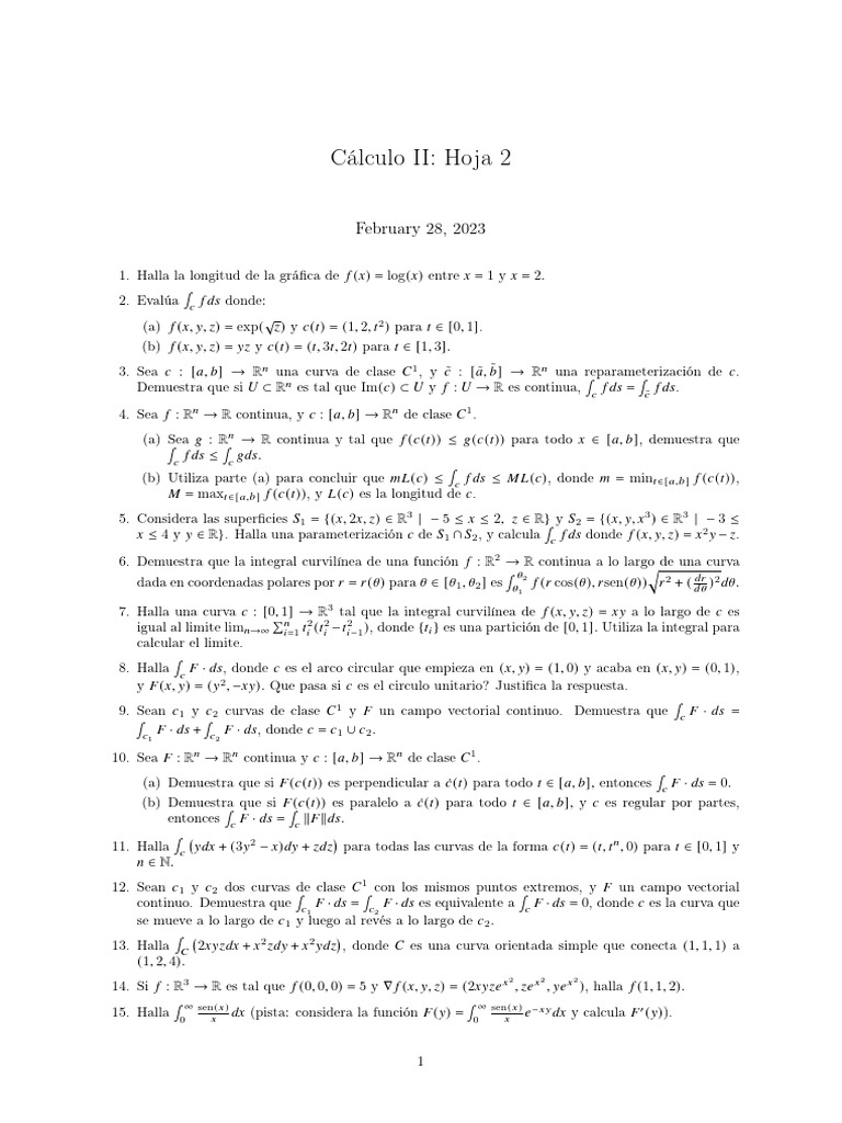 Calculo II Hoja 2 | PDF | Integral | Funciones y mapeos