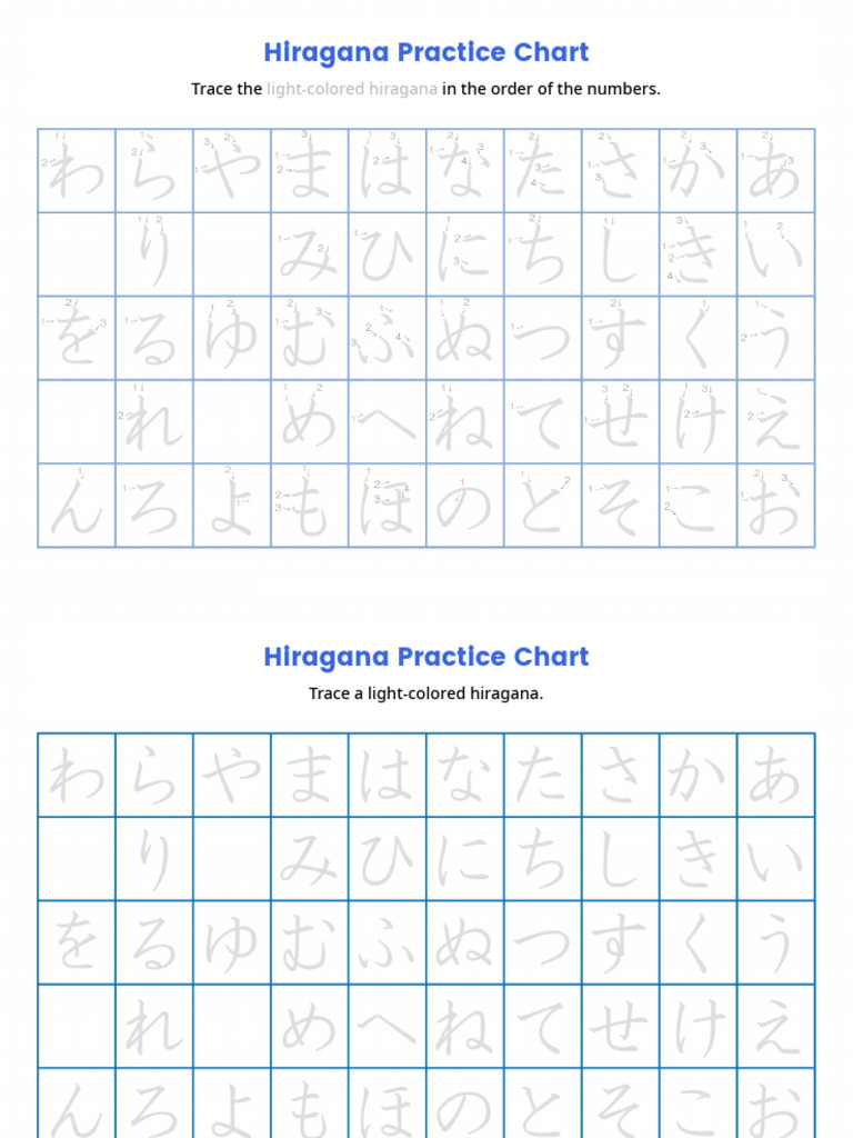 Trace The in The Order of The Numbers.: Light-Colored Hiragana | PDF