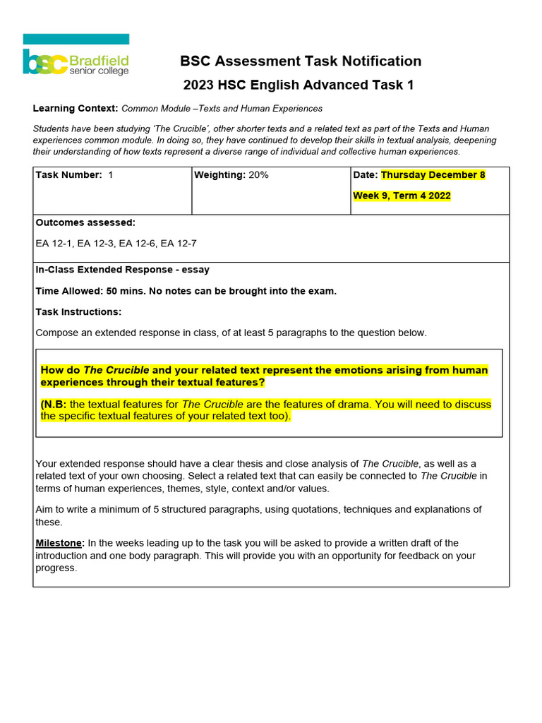 2023 HSC Advanced Task 1 - Crucible | PDF
