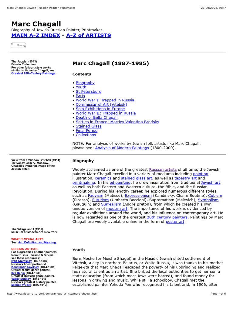 Marc Chagall: Jewish-Russian Painter, Printmaker | PDF