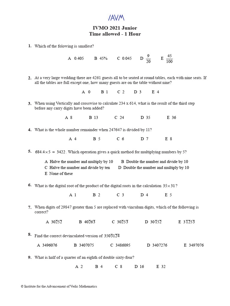 Junior IVMO 2021 | Download Free PDF | Numbers | Area