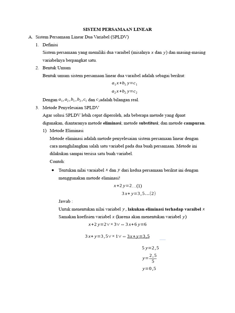 Ringkasan Materi Sistem Persamaan Linear | PDF