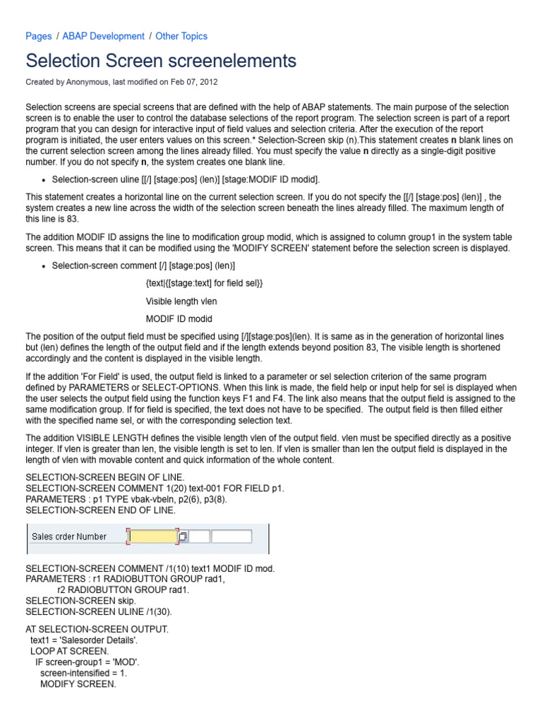 Selection Screen Screenelements - ABAP Development - Support Wiki | PDF