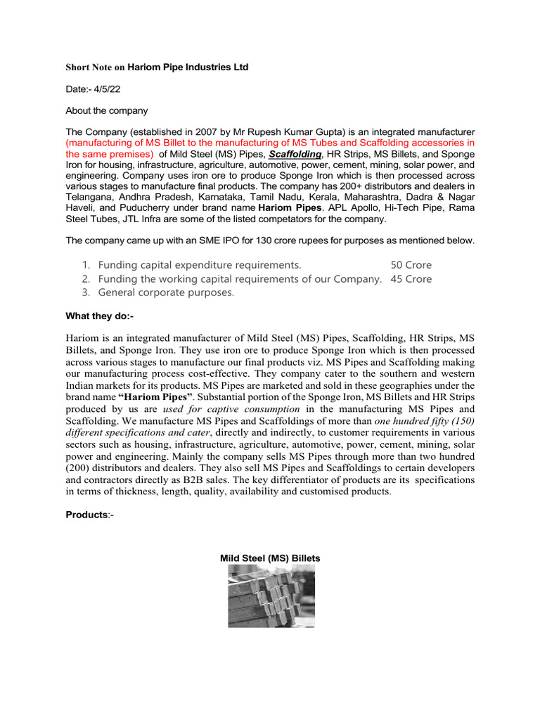Hariom Pipe Industries LTD | PDF