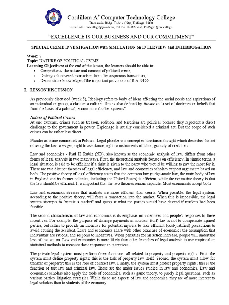 LESSON7b - CRIM SPECIALIZED CRIME INVESTIGATION 2 - ARANGORIN | PDF