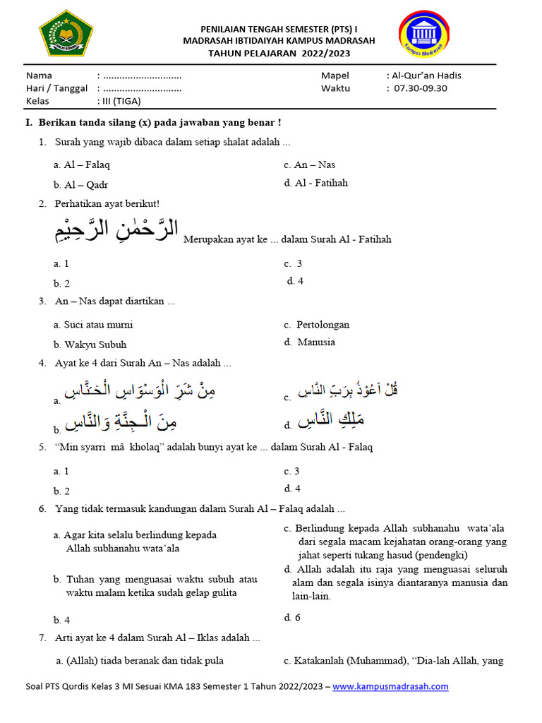 Soal PTS Qurdis Kelas 3 | PDF