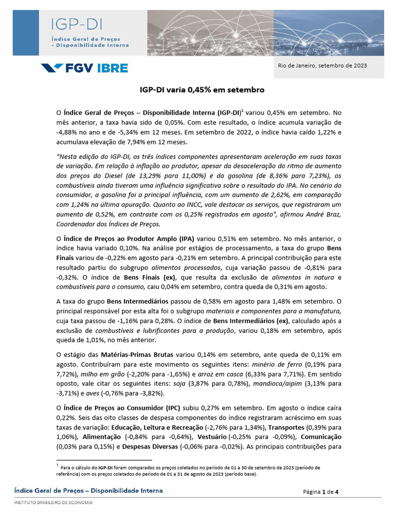 IGP-DI FGV Press Release Resumido Set23 | PDF