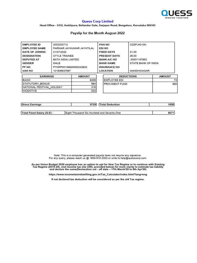 Payslip For The Month August 2022: Quess Corp Limited | PDF
