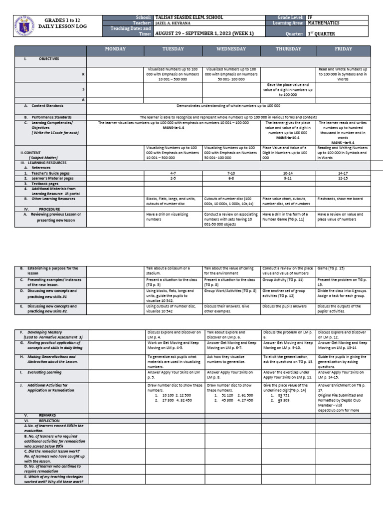 DLL - Math 4 - Q1 - W1 | PDF | Learning | Literacy