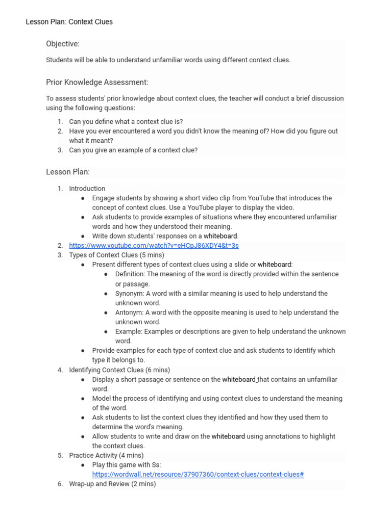 Context Clues Lesson Plan | Download Free PDF | Word | Lesson Plan