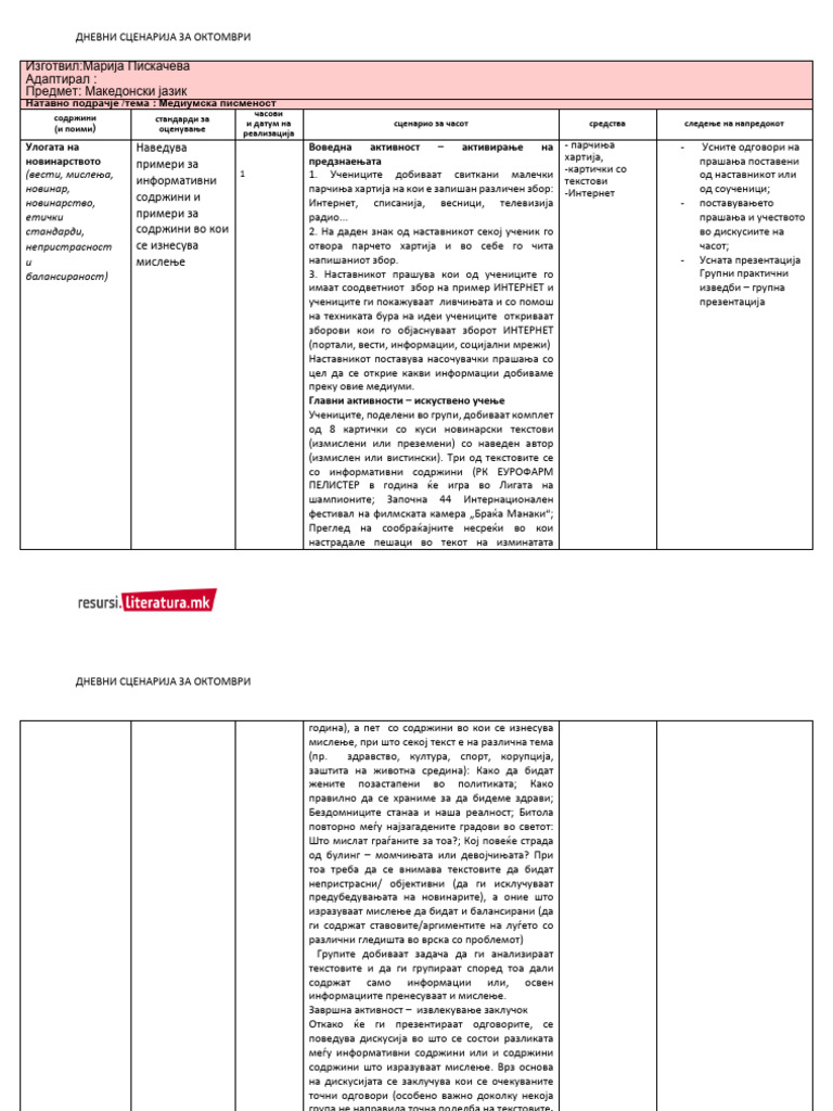 Dnevni Scenarija Za Oktomvri 1 | PDF