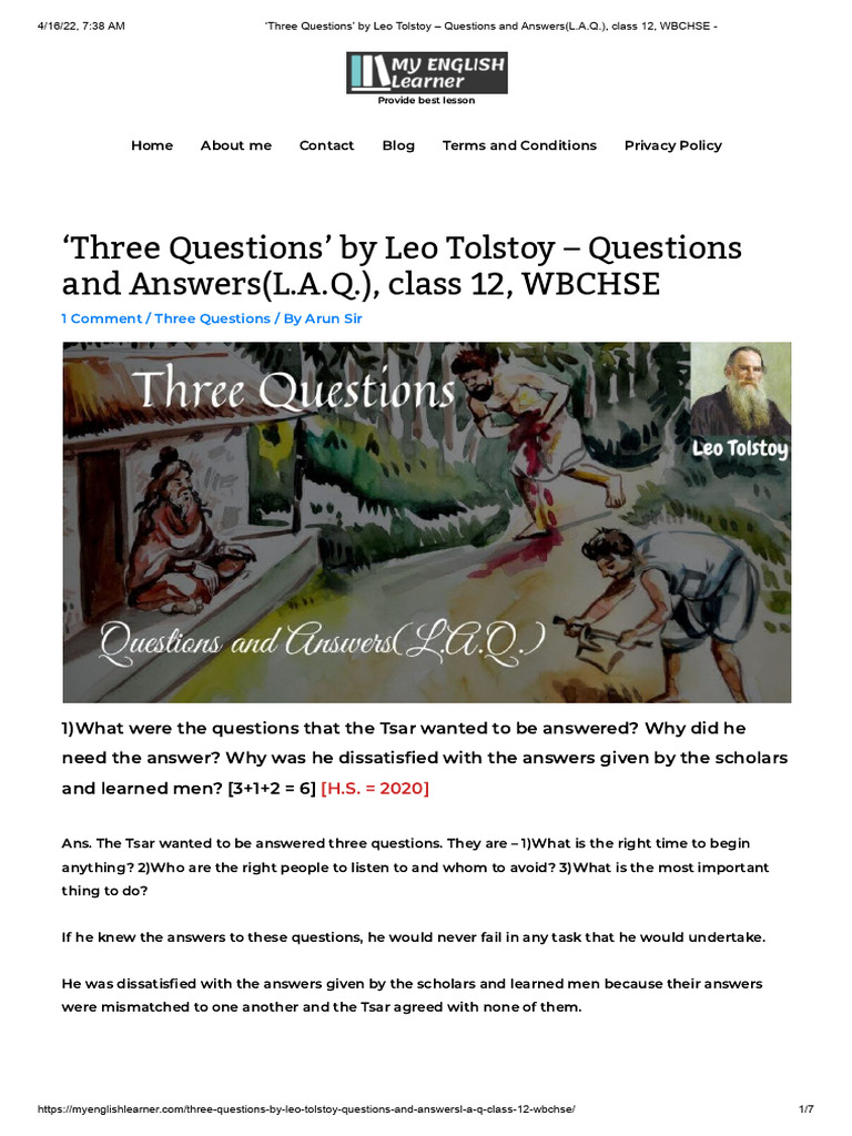 Three Questions' by Leo Tolstoy - Questions and Answers (L.A.Q.), Class ...