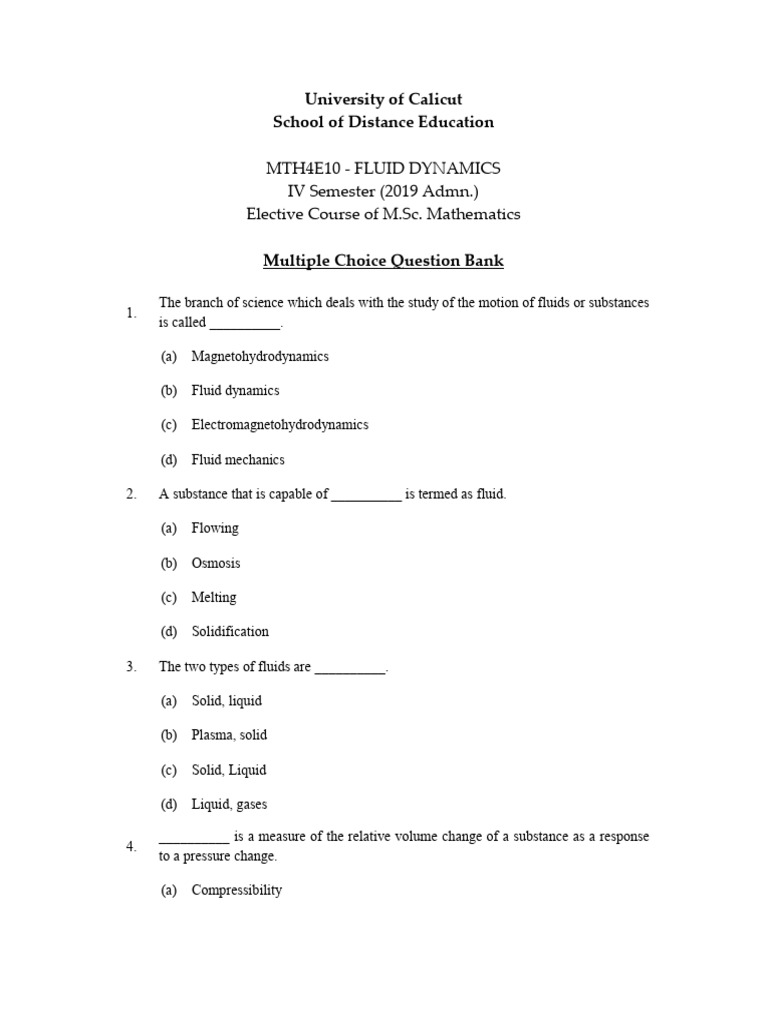 MTH4E10 Fluid Dynamics MCQ Question Bank | PDF