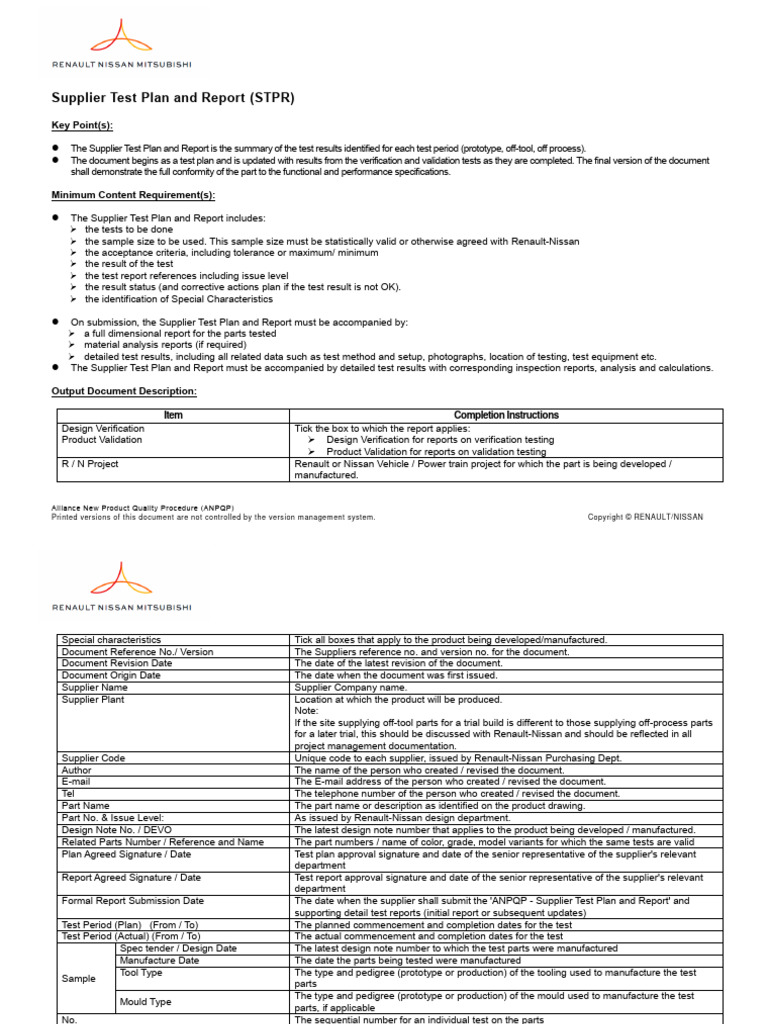 Supplier Test Plan and Report (STPR) : Key Point(s) | PDF