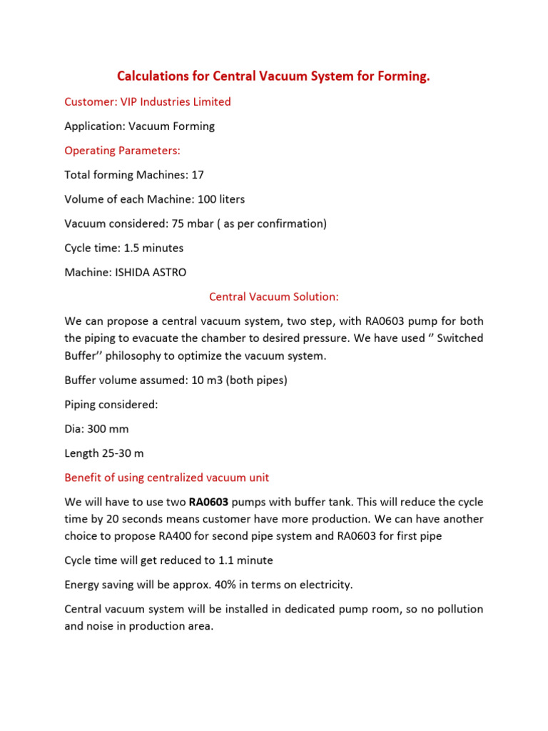 Calculations For Central Vacuum System For Forming | PDF