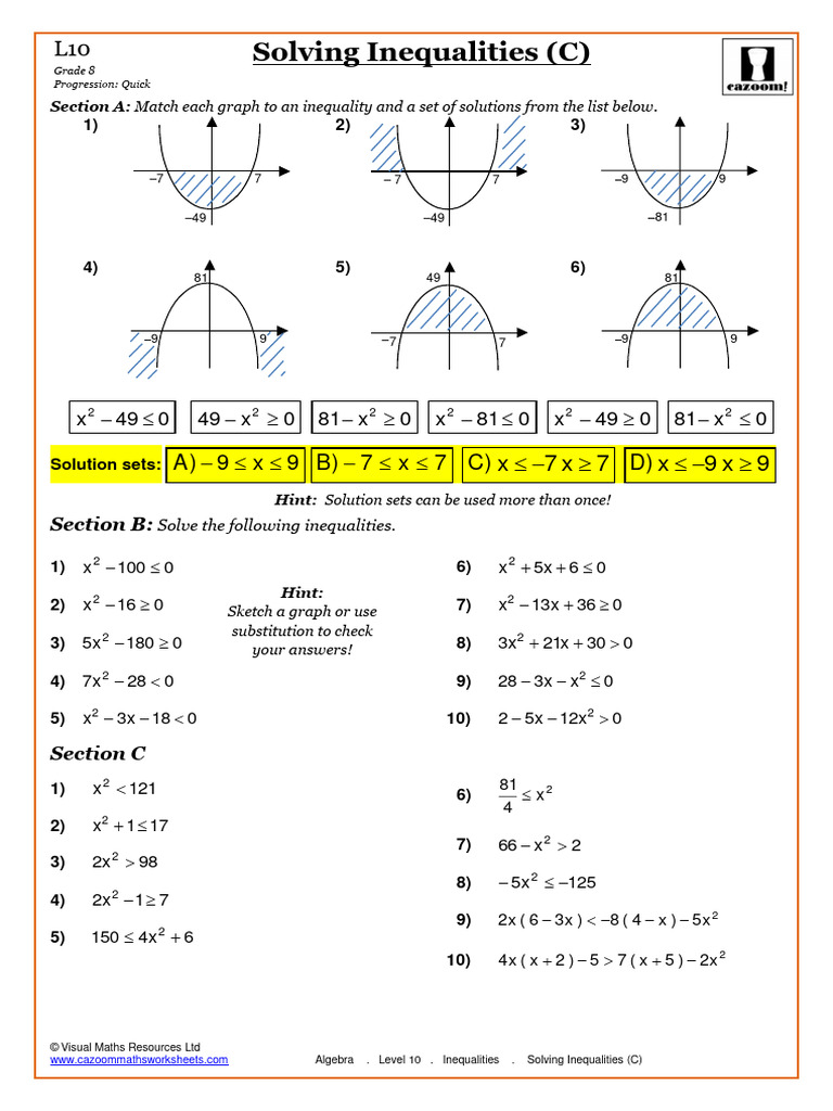 Algebra. Level 10. Inequalities. Solving Inequalities (C) | PDF