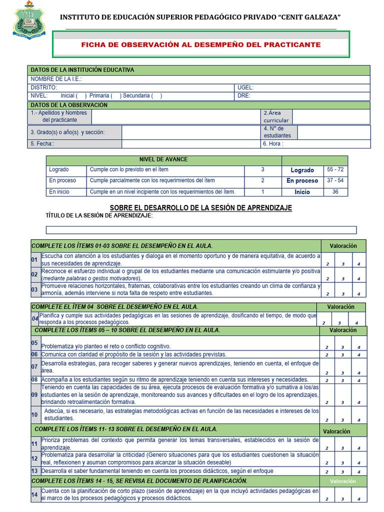 Ficha de Observación Al Desempeño Del Practicante Actual | PDF