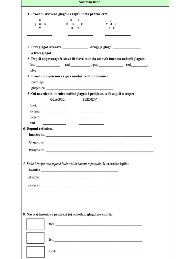 Nastavni Listić Vrste Rijeci HJ 4.Raz | PDF