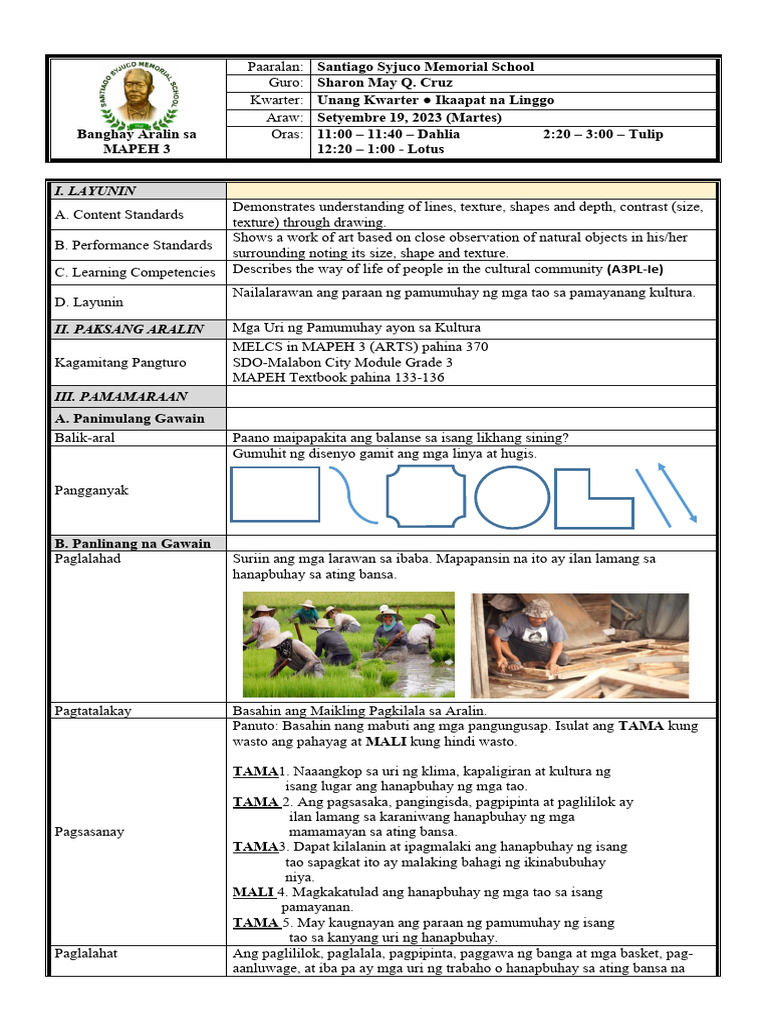 GRADE 3 MAPEH - Week 4 - Day 2 - Arts | PDF