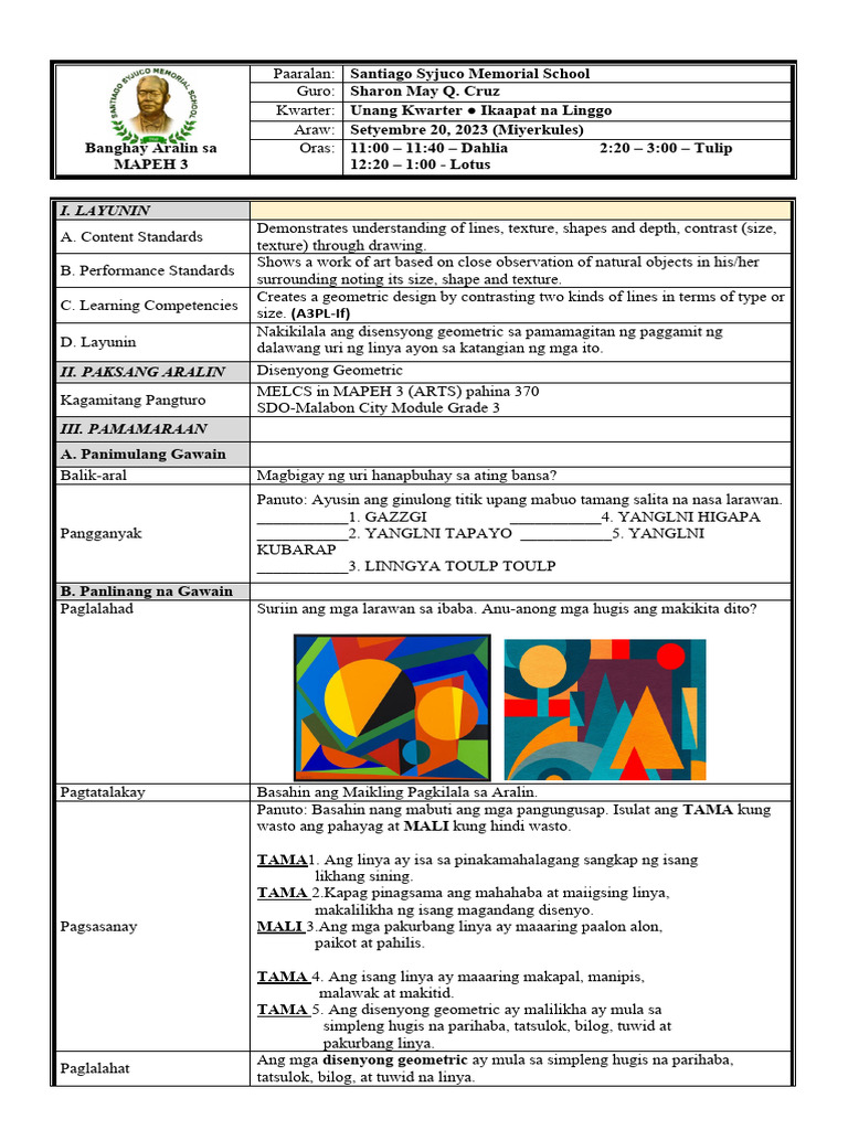 GRADE 3 MAPEH - Week 4 - Day 3 - Arts | PDF