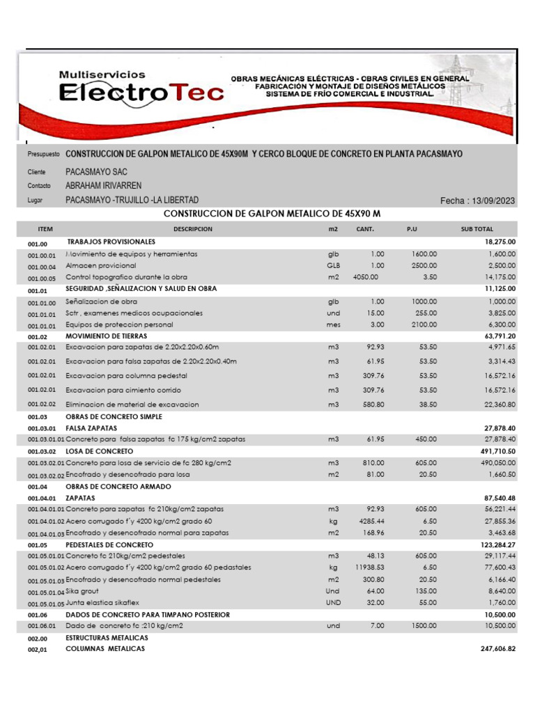 Pppto Construccion de Galpon Metalico - Electrotec - Cementos Pacasmayo | PDF | Tecnología