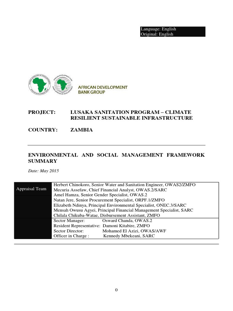 Zambia ESMF Summary Lusaka Sanitation Program Final | PDF | Science & Mathematics