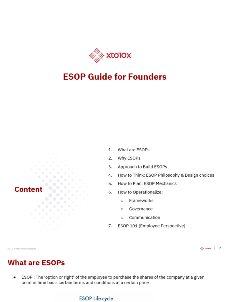 ESOP Guide For Founders - Xto10x | PDF | Stocks | Vesting ESOP Guide For Founders - Xto10x | PDF | Stocks | Vesting