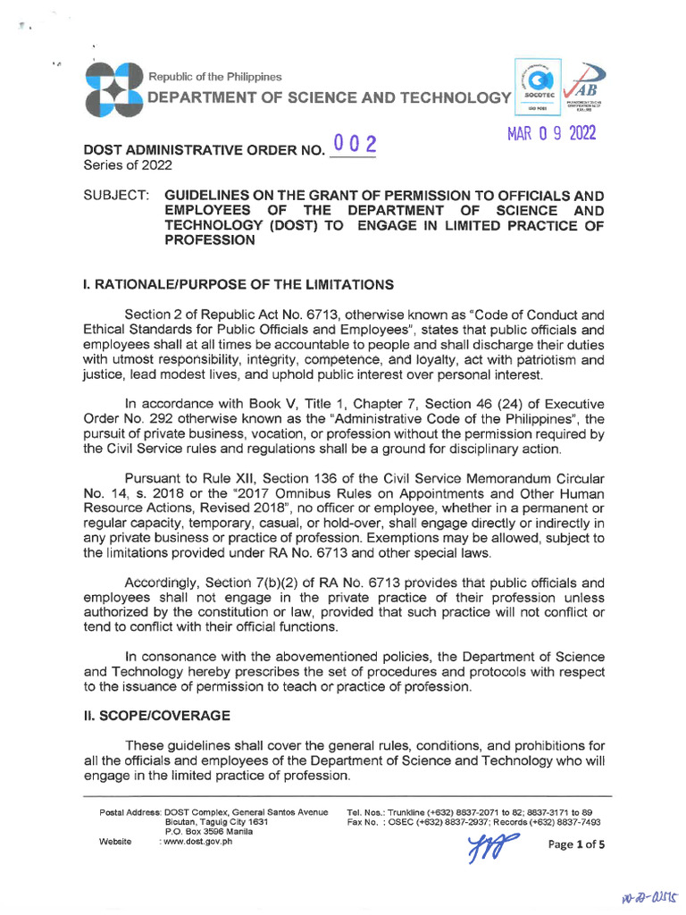 DOST AO No. 002 Guidelines on the grant of permission to DOST personnel ...