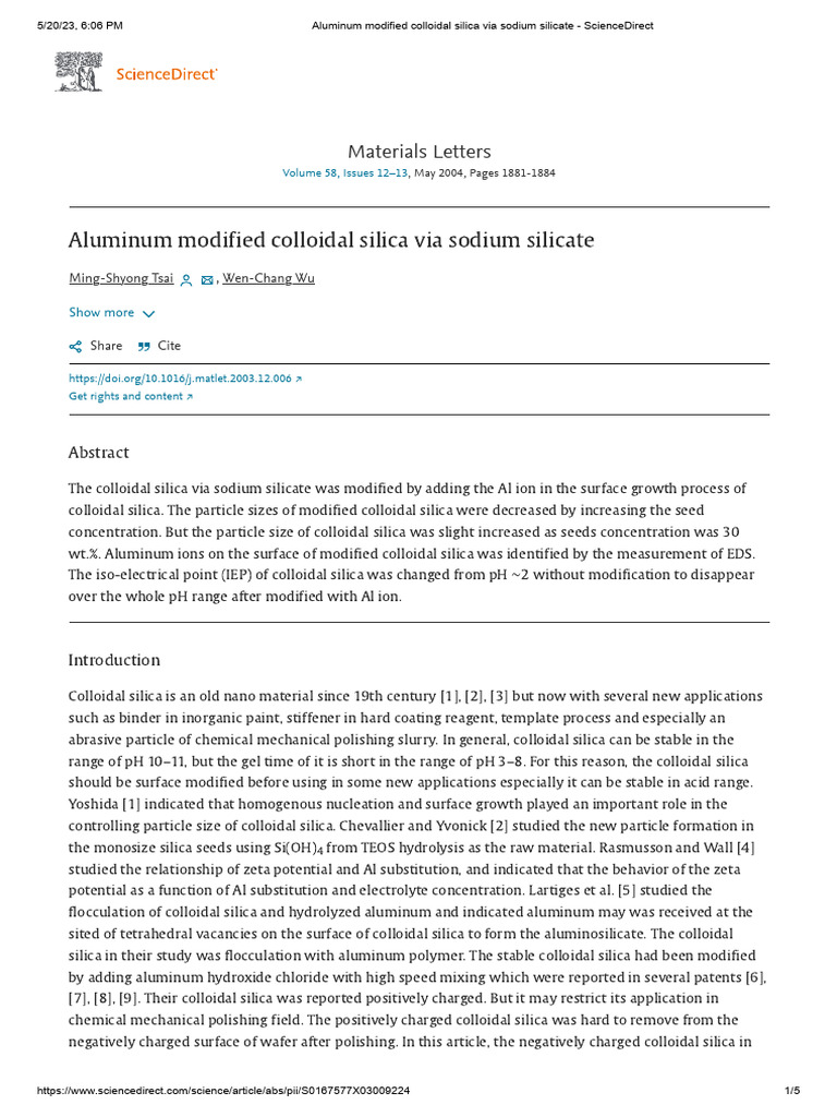 Aluminum Modified Colloidal Silica Via Sodium Silicate - ScienceDirect ...