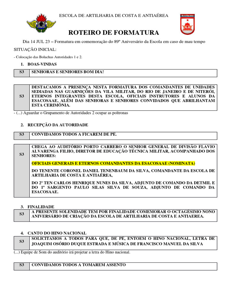 Roteiro de Formatura - 14 JUL 23 - Aniversario Da Escola Mau Tempo | Download grátis PDF | Militar