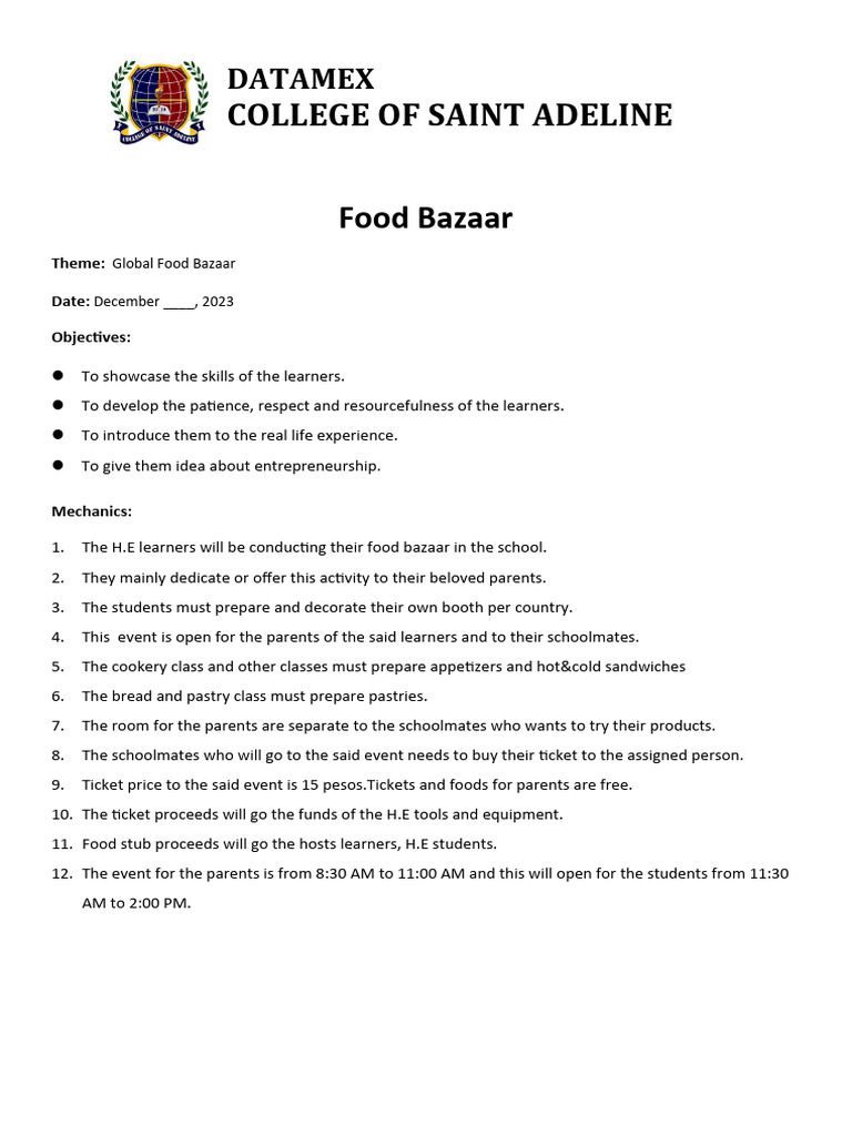 School Food Bazaar Mechanics | PDF | Wellness