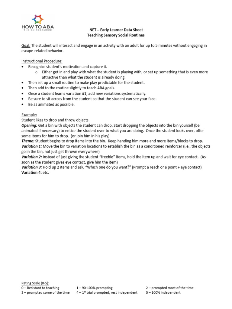 NET Sensory Social Routines Early Learner Data Sheet | PDF