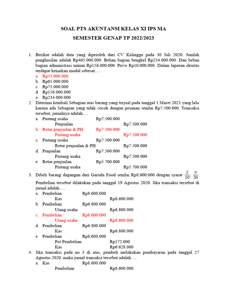 Soal PTS Genap Akuntansi Kelas Xi Ips Ma 2023 | PDF | Pengelolaan Keuangan & Uang | Hukum