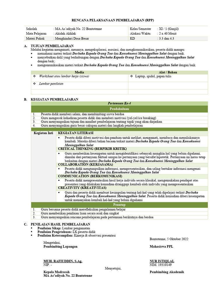RPP I Akidah Akhlak Kelas 11 SEM 1 | PDF | Karier & Perkembangan