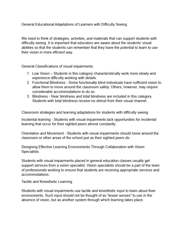 Educational Adaptations for Visual Impairments | PDF | Wellness