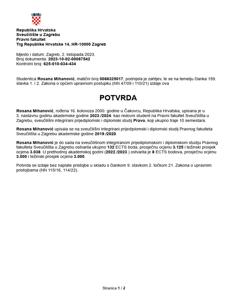 Potvrda o Upisu 87542 | PDF