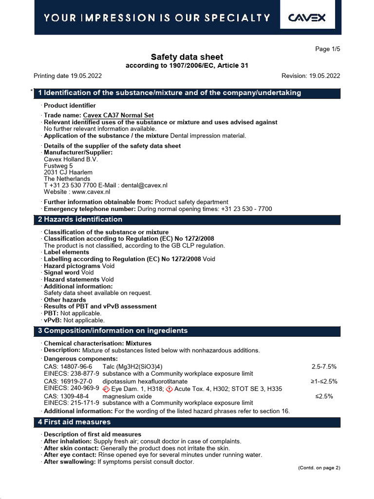 2022 09 Msds Cavex Ca37 Normal Set En Pdf Dangerous Goods Toxicity
