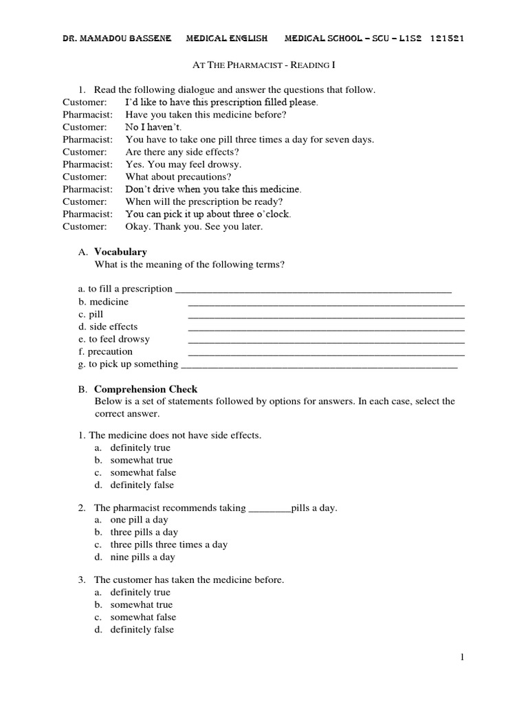 Pharmacist Dialogue and Vocabulary Practice | PDF | Self-Improvement ...