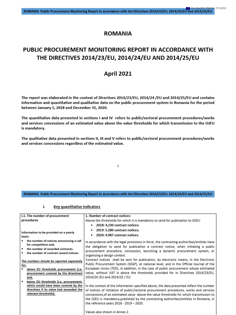 Romania Public Procurement Monitoring Report 2021 | PDF