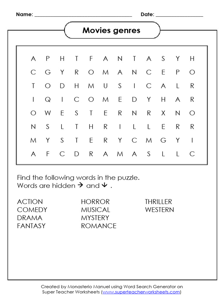 Movie Genres Word Search Worksheet | PDF | Word Search | Creative Works
