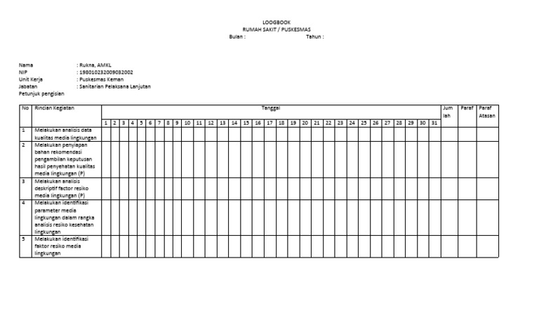 Logbook Kegiatan Sanitarian Puskesmas | PDF