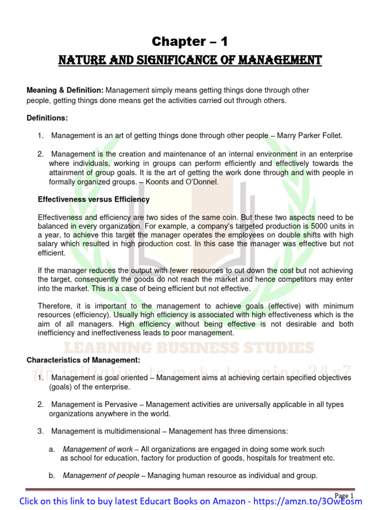 Chapter 1 - Nature and Significance of Management | PDF | Goal | Efficiency