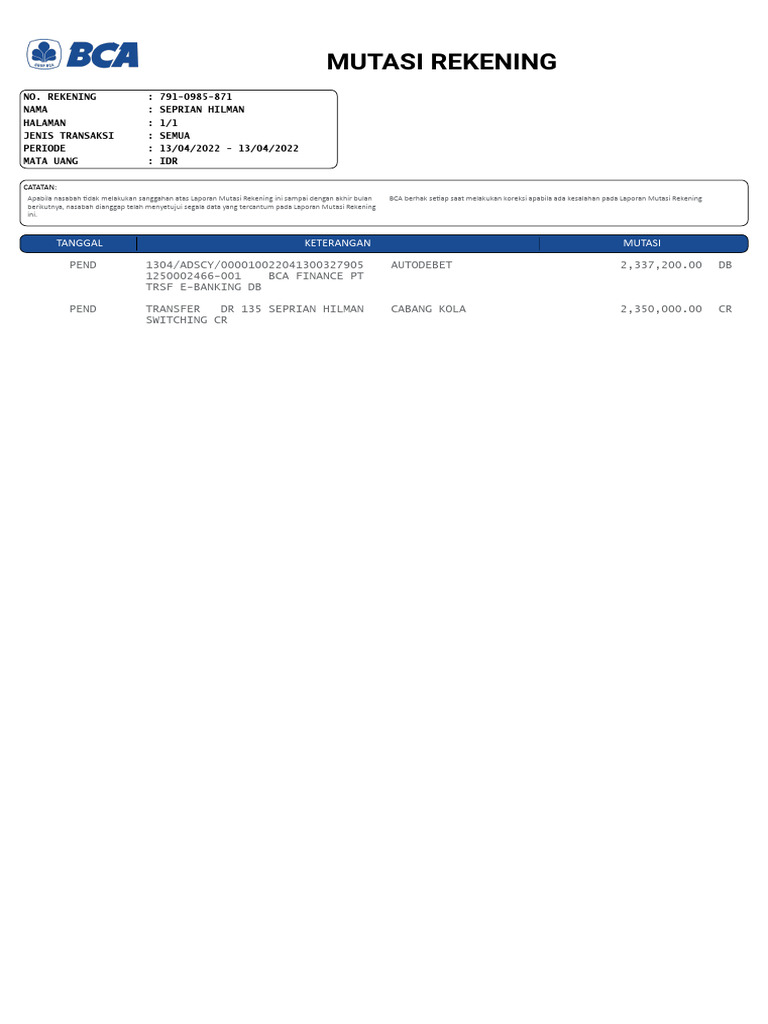 MutasiBCA 130422-130422 | PDF