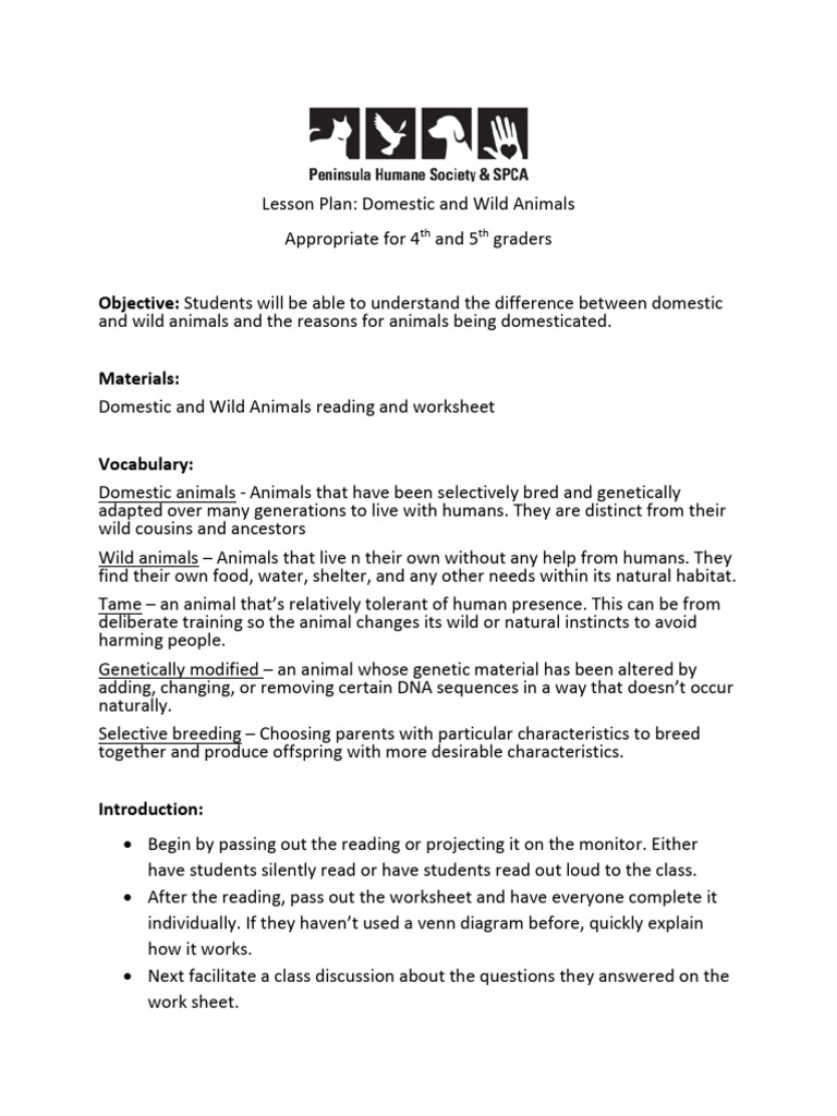 Domestic and Wild Animals Lesson Plan | PDF | Domestication | Genetics