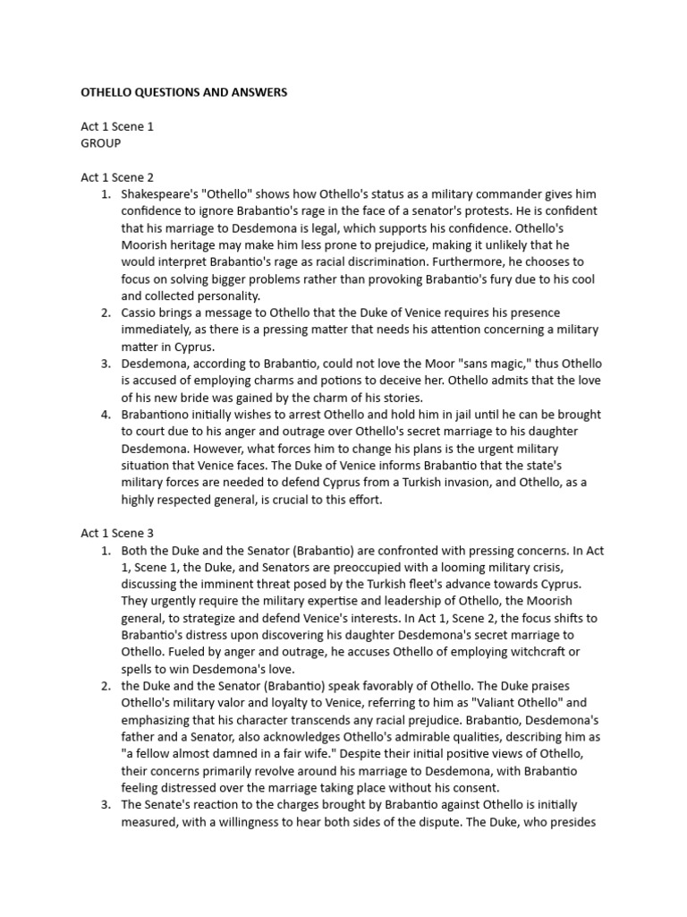 Othello Questions and Answers | PDF | Classics