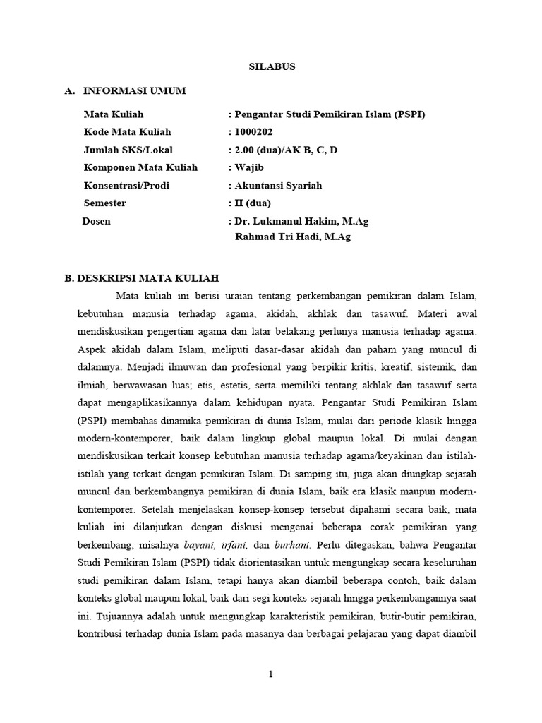 Silabus Studi Pemikiran Dalam Islam3 | PDF