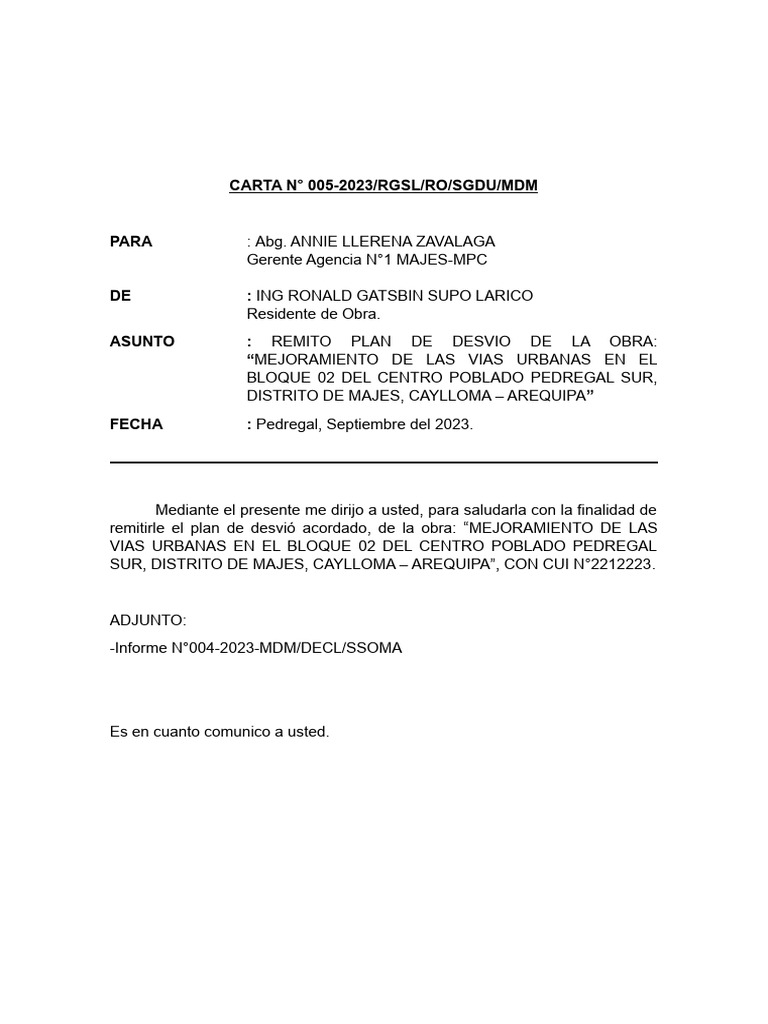 Carta N°05-2023 Plan de Desvio | PDF